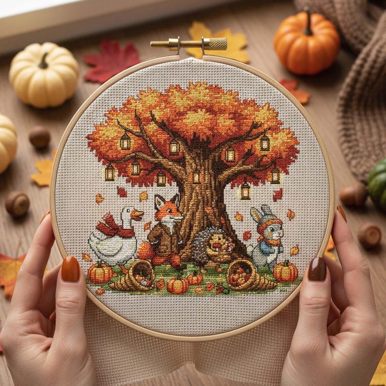 Autumn Woodland Animals Cross Stitch Pattern Harvest Tree Embroidery ...