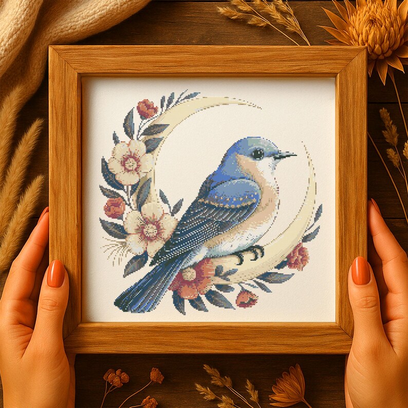 Bluebird on Moon Arc Cross Stitch Pattern Dreamy Bird With Botanical ...