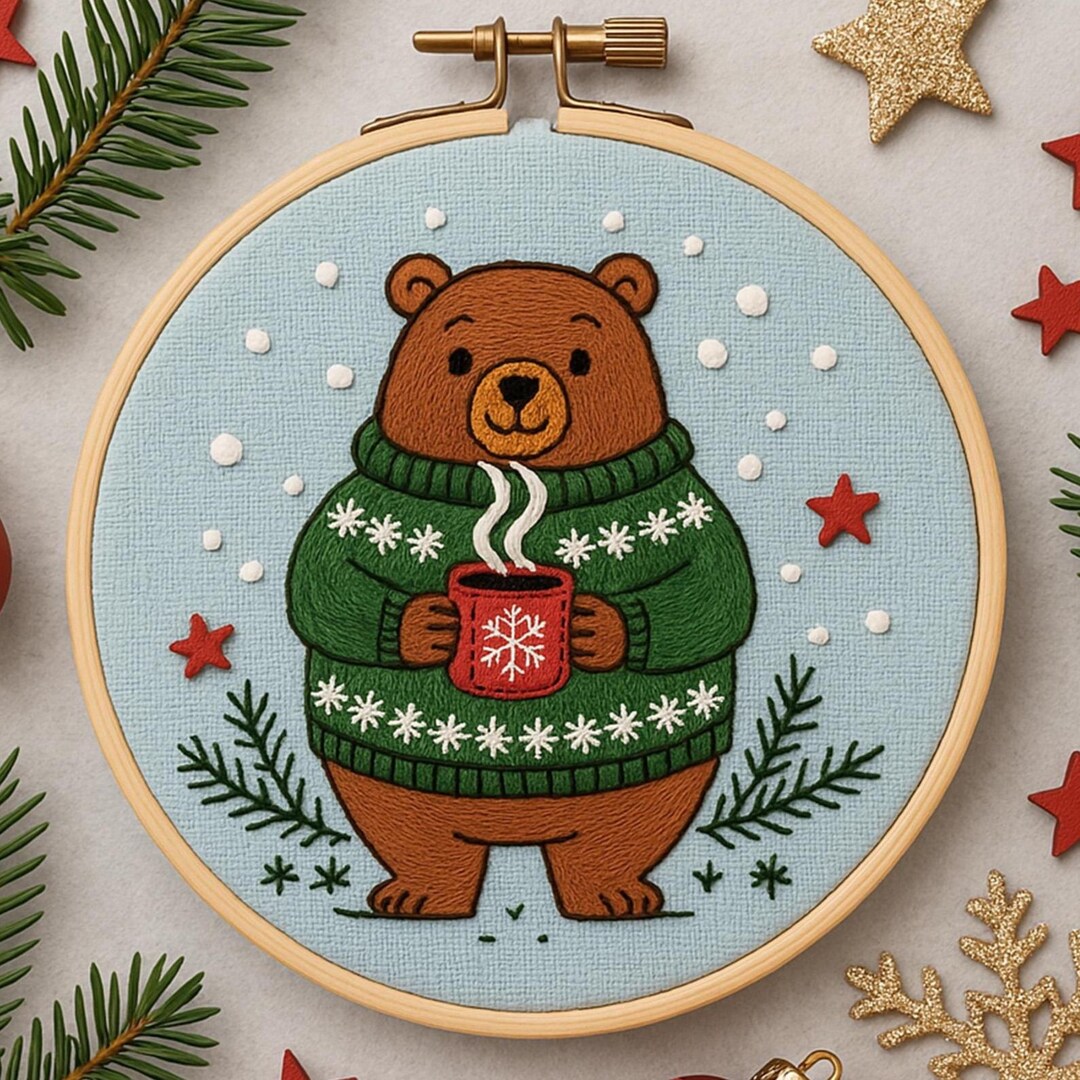 Winter Hot Cocoa Bear Embroidery Pattern Festive Christmas Bear ...