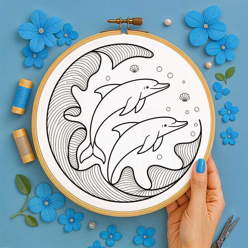 Magical Dolphin Swimming Hand Embroidery Pattern Ocean Wave Hoop Art With Two Dolphins ...