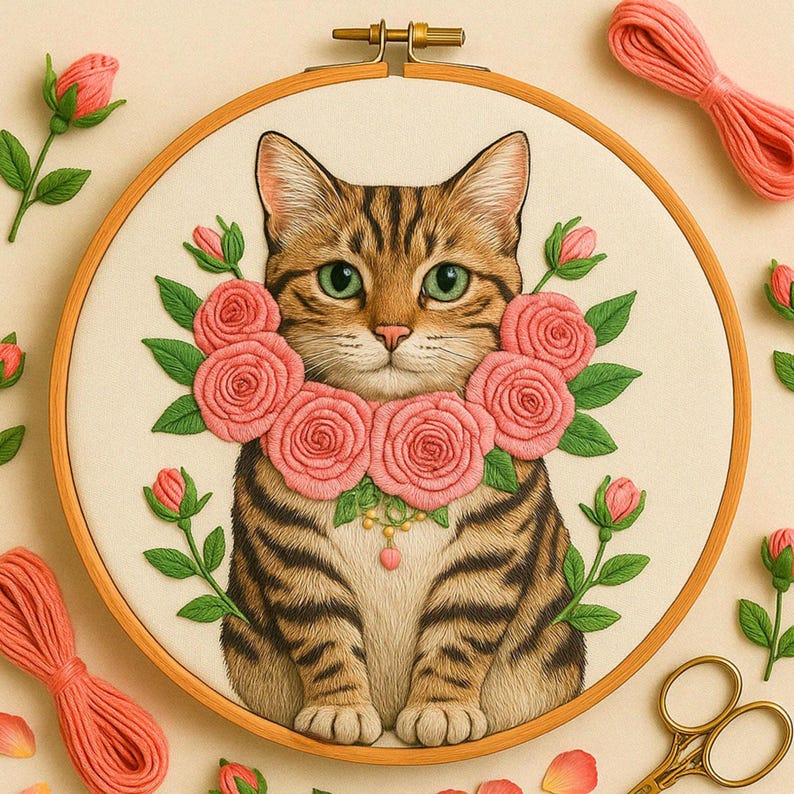Cute Floral Cat Hand Embroidery Pattern Tabby Kitty Hoop With Rose ...