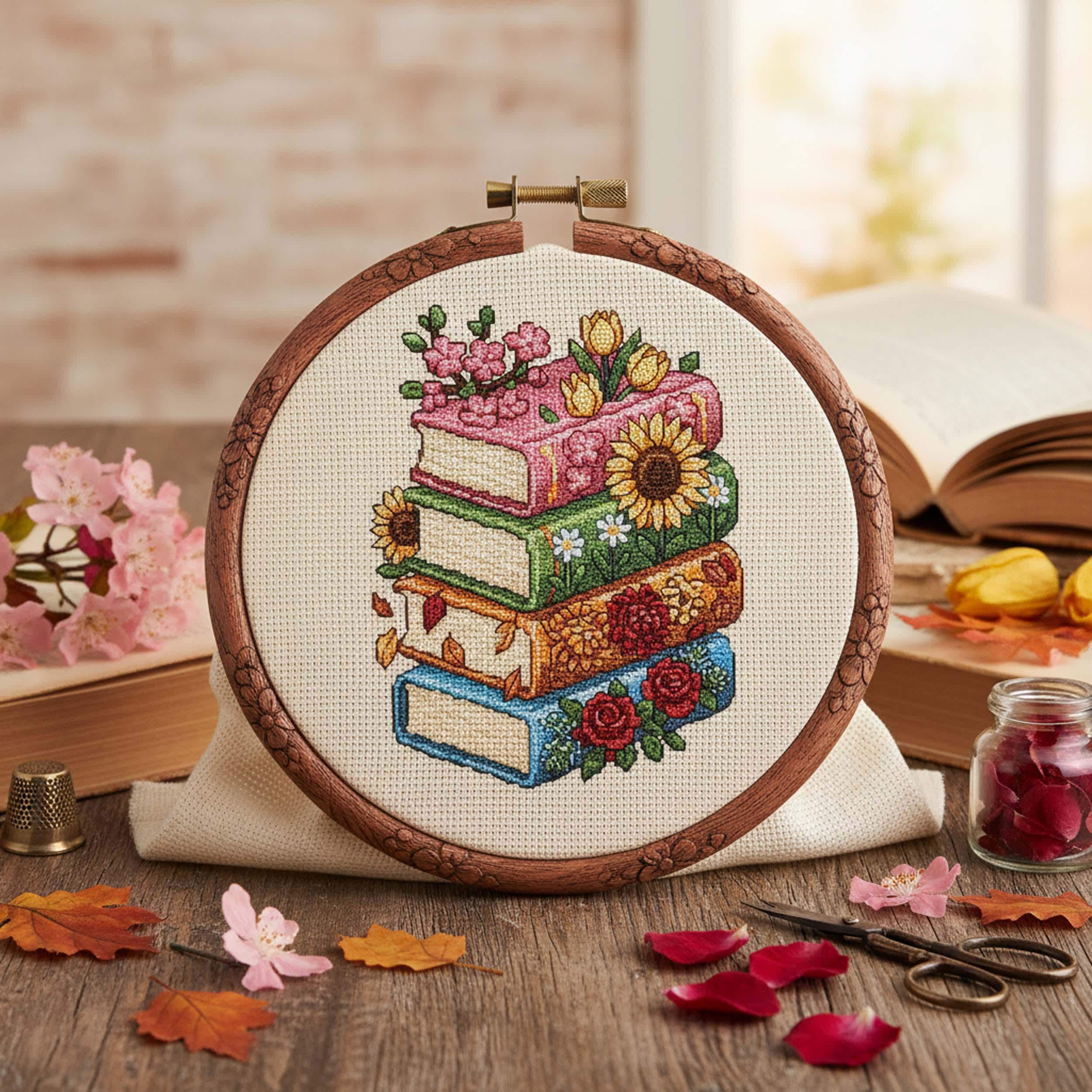 Seasonal Flower Books Cross Stitch Pattern Floral Stack Embroidery ...
