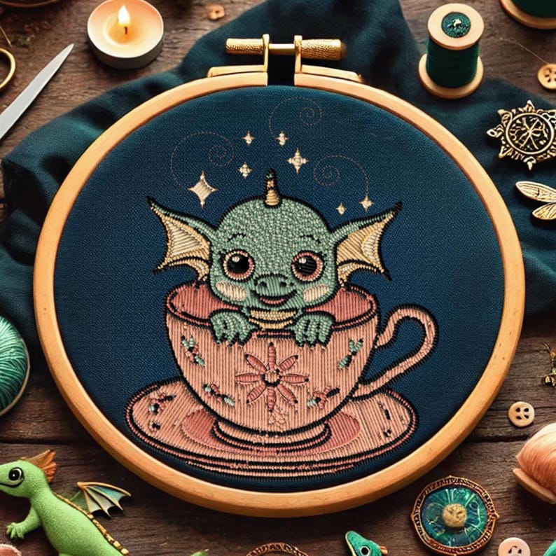 Cute Baby Dragon in Teacup Hand Embroidery Pattern Fantasy Baby Dragon ...