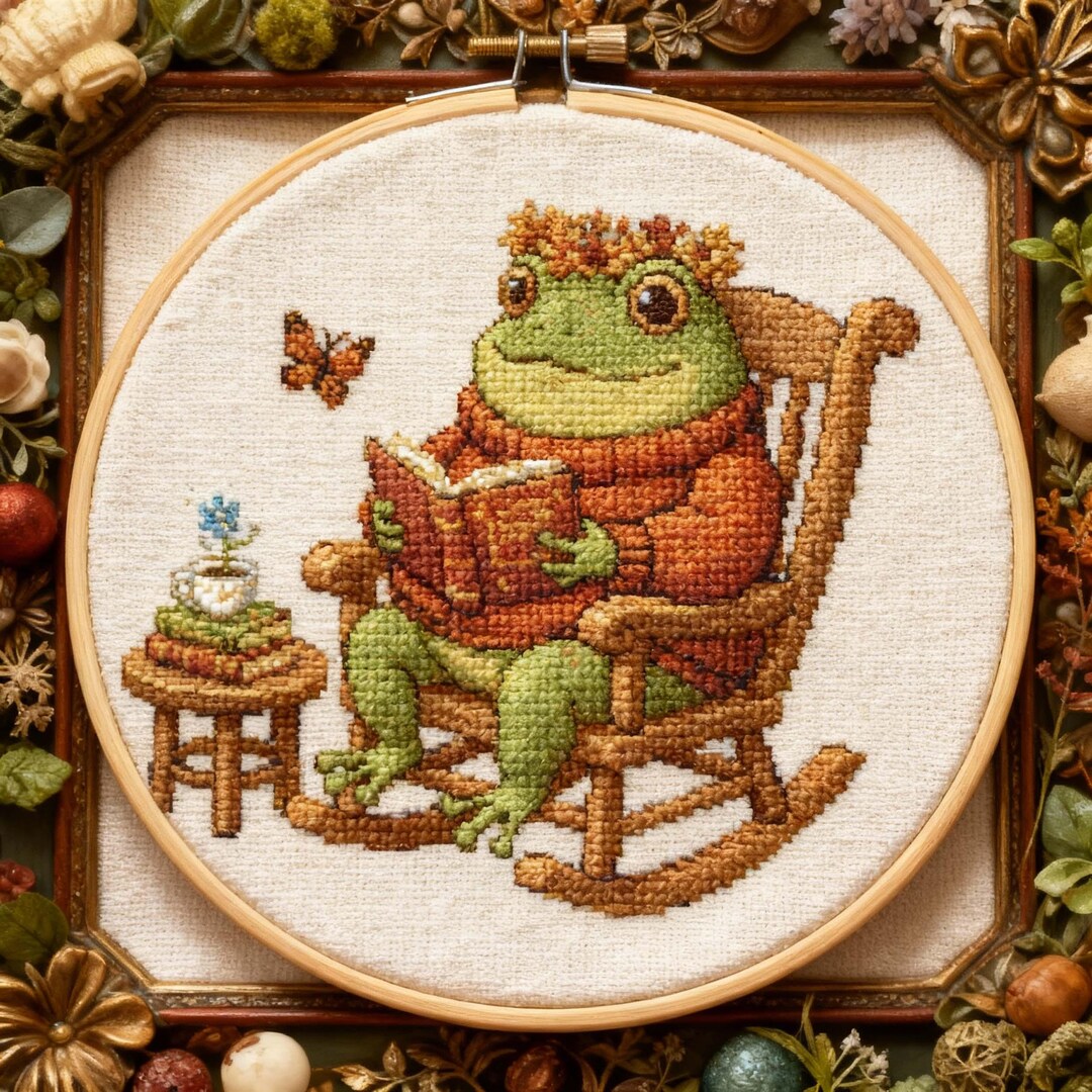 Cozy Frog Reading Cross Stitch Pattern: Autumn Embroidery Frog in ...