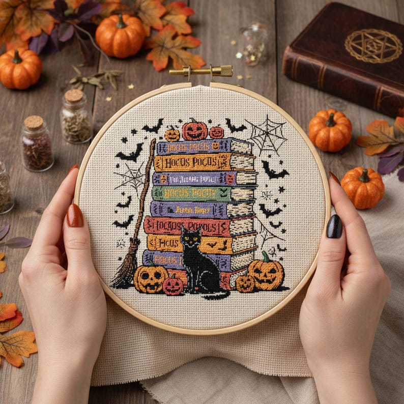Gothic Cat and Spell Books Cross Stitch Pattern: Halloween Embroidery ...