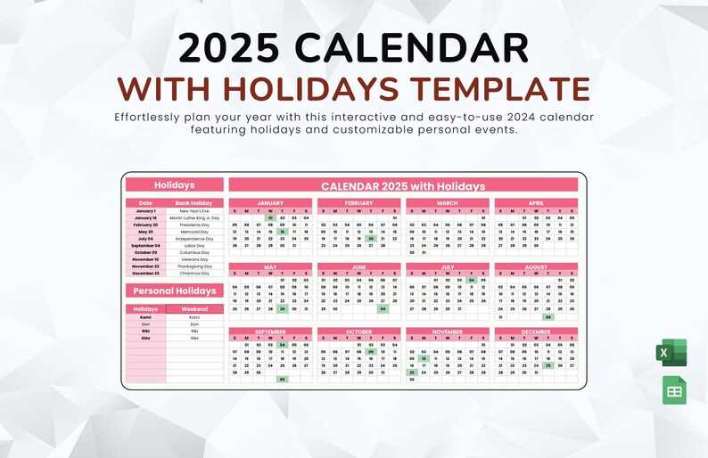 2025 Calendar With Holidays | Printable Excel & Google Sheets Template ...
