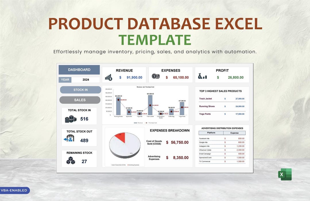 Product Database Excel Template | Inventory & Sales Tracker | Automated Business Spreadsheet ...