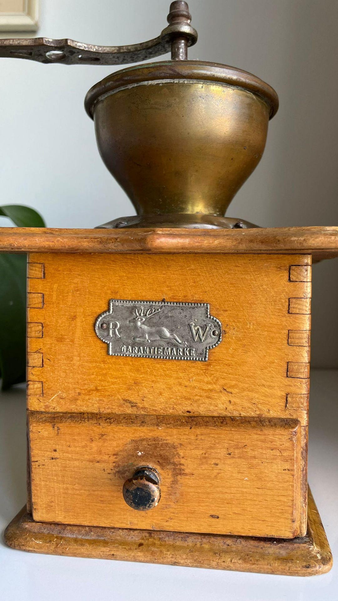Vintage German RW Coffee Grinder – Brass & Wood – Garantiemarke Stag ...