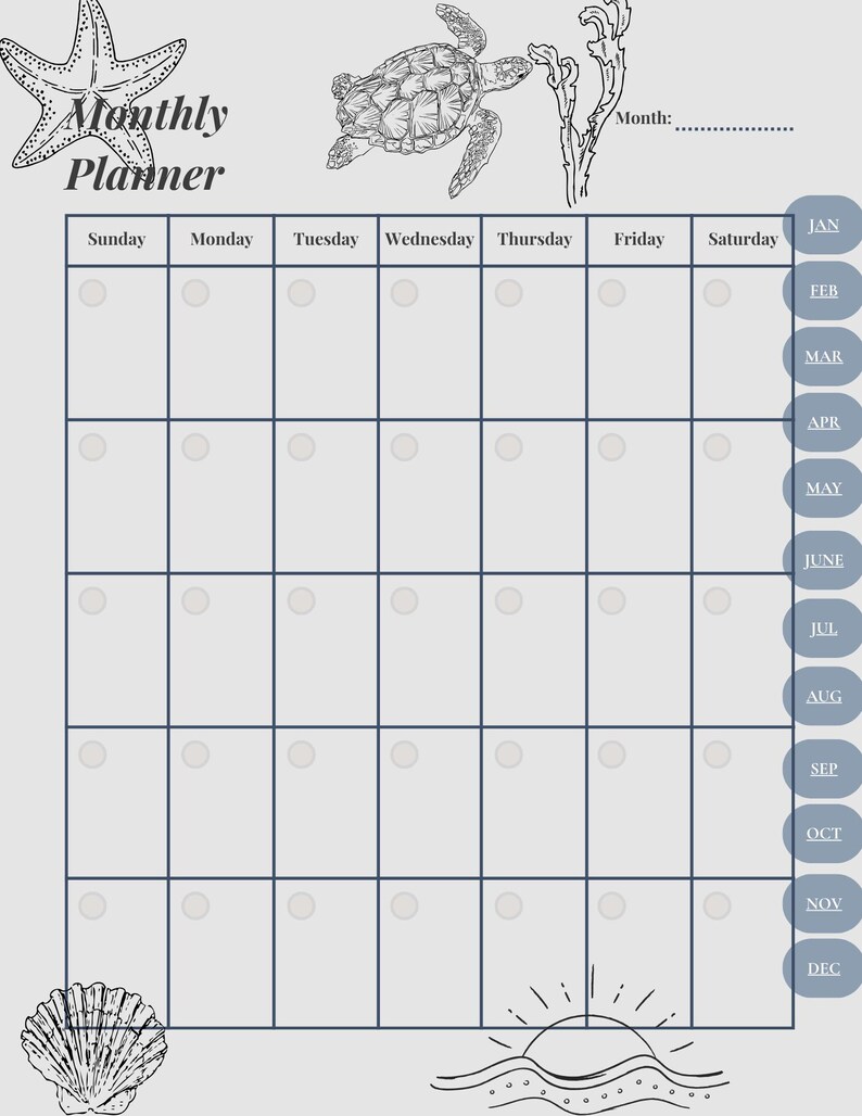 Ocean Theme Monthly Planner Printable | Goodnotes Compatible Sea Shell ...