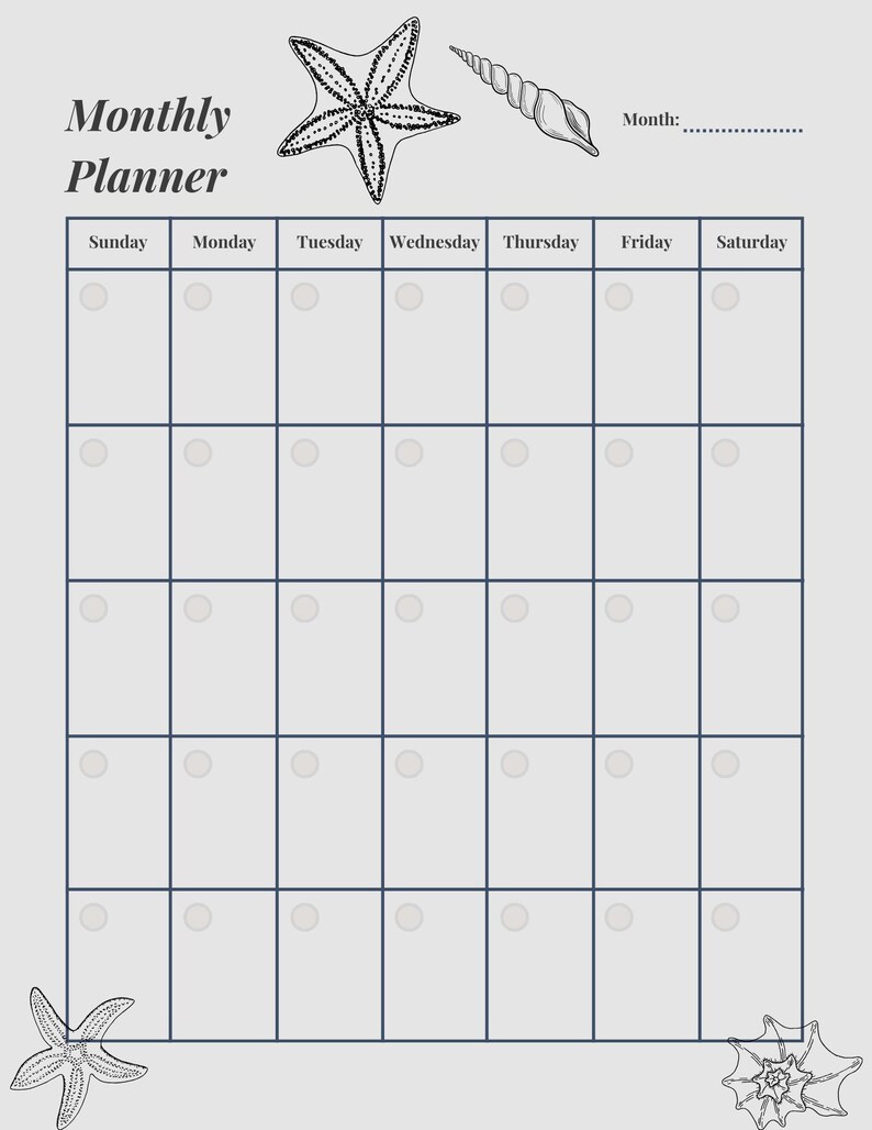 Ocean Theme Monthly Planner Printable | Goodnotes Compatible Sea Shell ...