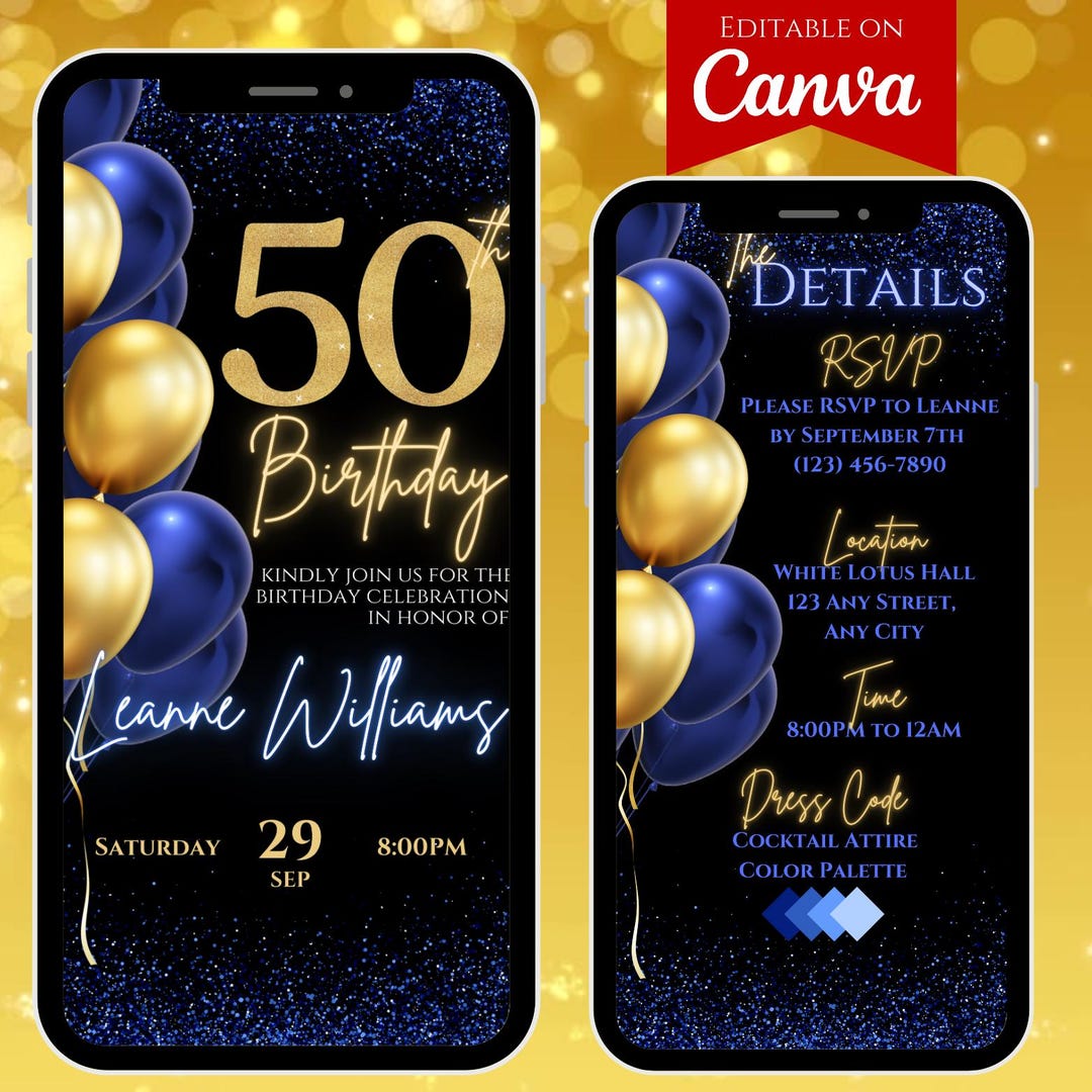 Animated Glamorous 50th Birthday Invitation Template | Editable Blue ...