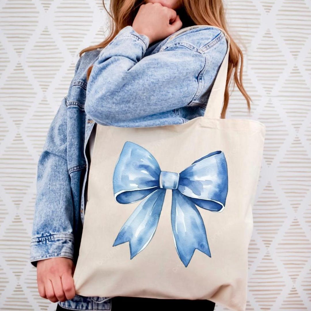 Blue Bow Canvas Tote Bag, Croquettes Totebag, Reading, Gift for Women ...