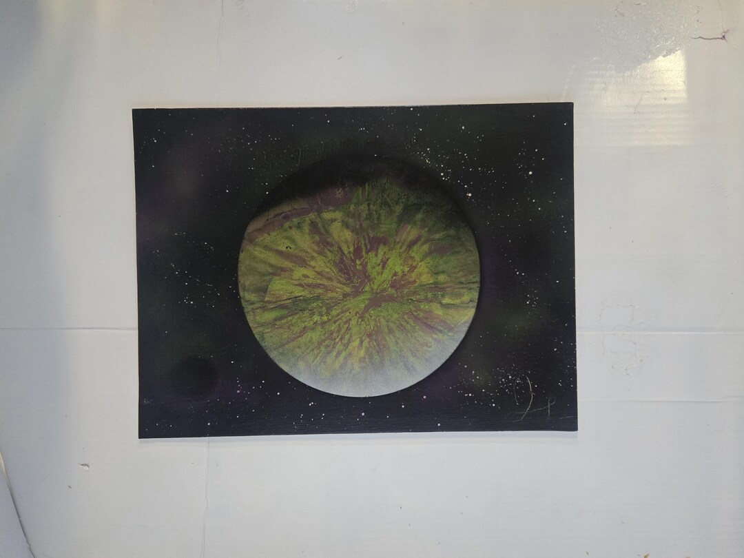 Cosmic Spray Paint Art of a Green and Purple Planet on a 16" X 12 ...