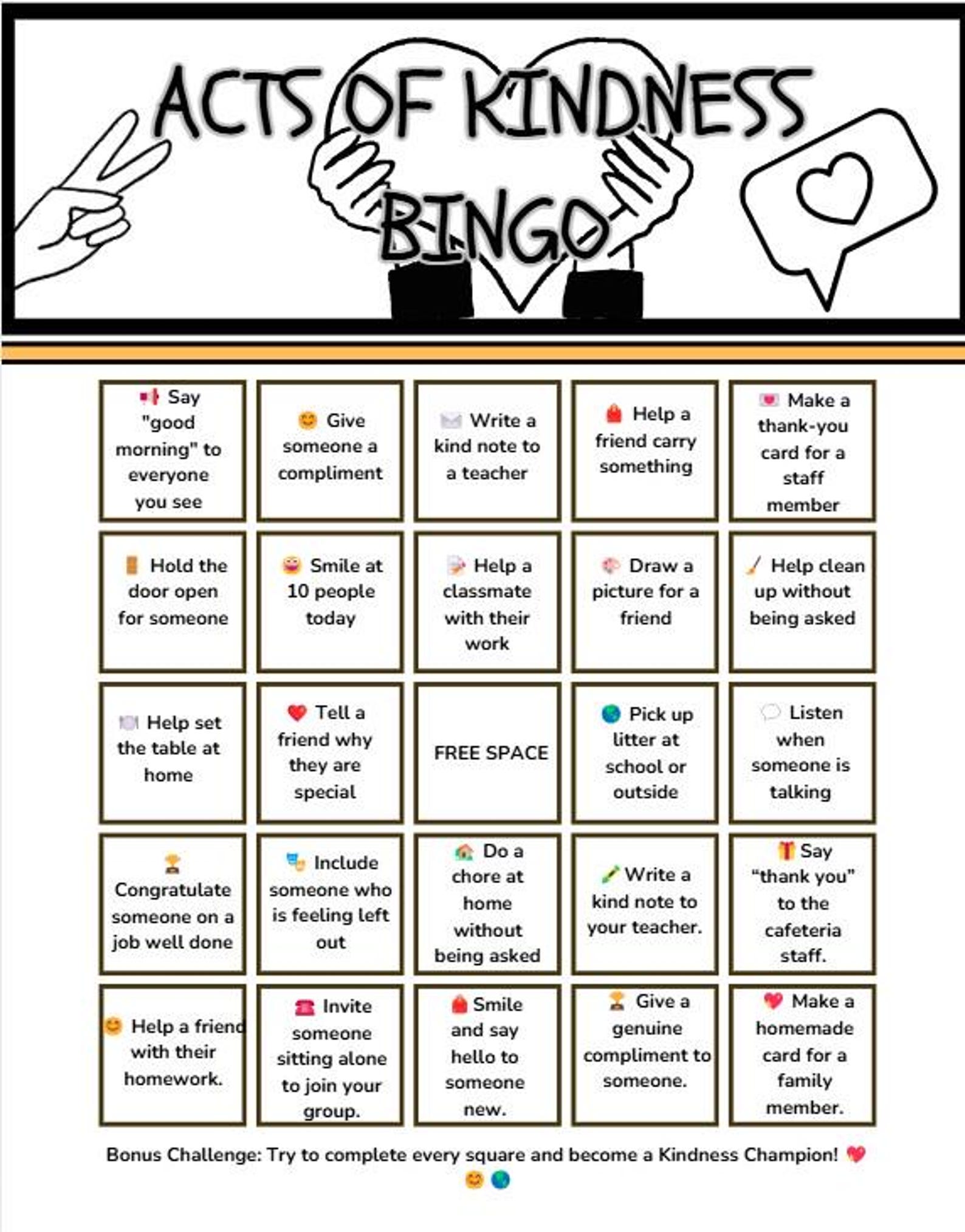 Acts of Kindness Bingo, Printable Activity for Kids Fun and Engaging ...