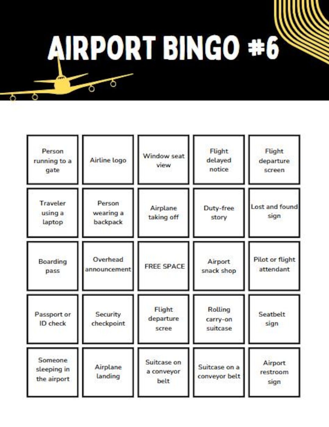 Airport Bingo – Printable Travel Game | Fun Airport Scavenger Hunt for ...