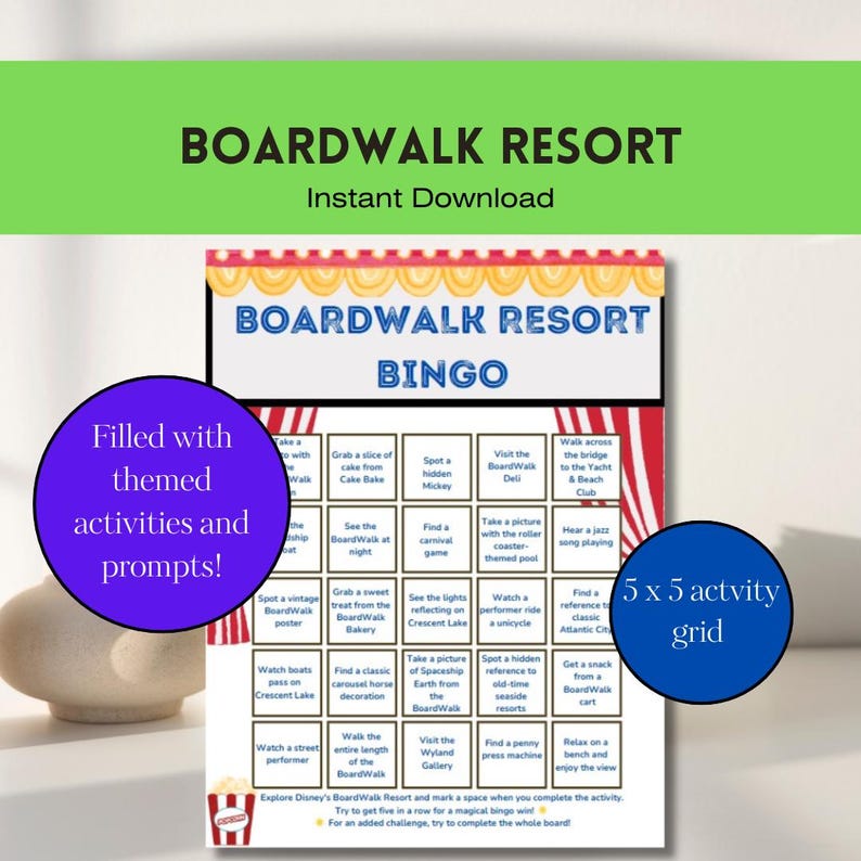 Boardwalk Disney Resort Bingo, Printable Vacation Game for Kids ...