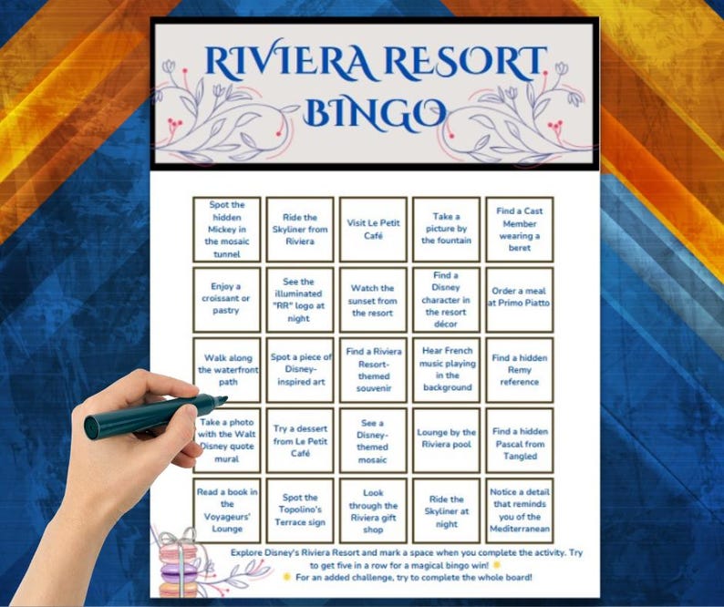 Riviera Resort Bingo Game, Printable Disney Vacation Game, Family ...