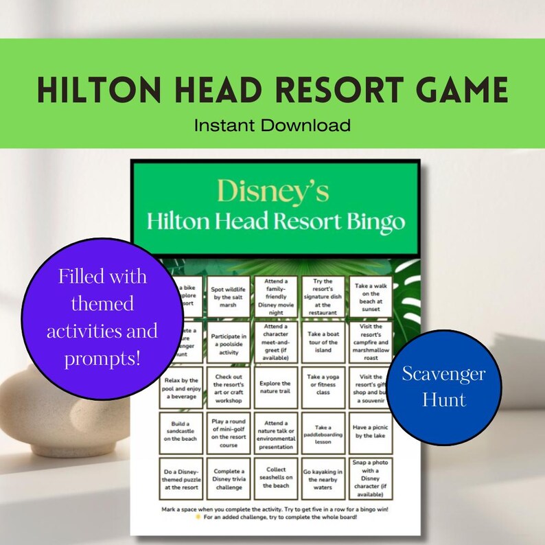Hilton Head Resort Bingo Game – Printable Family Vacation Resort ...