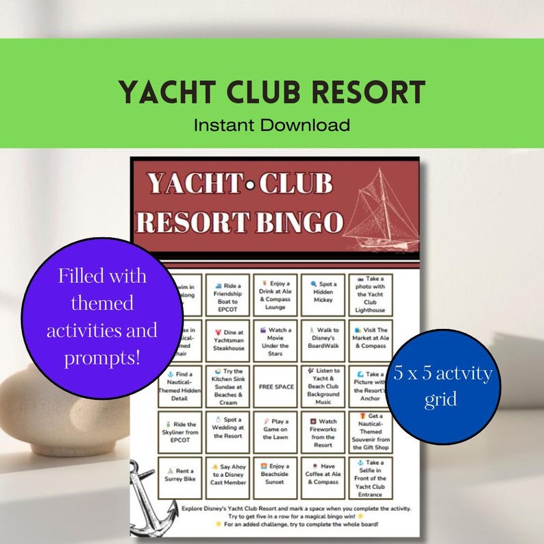 Disney Yacht Club Resort Bingo Printable • Disney Vacation Scavenger ...