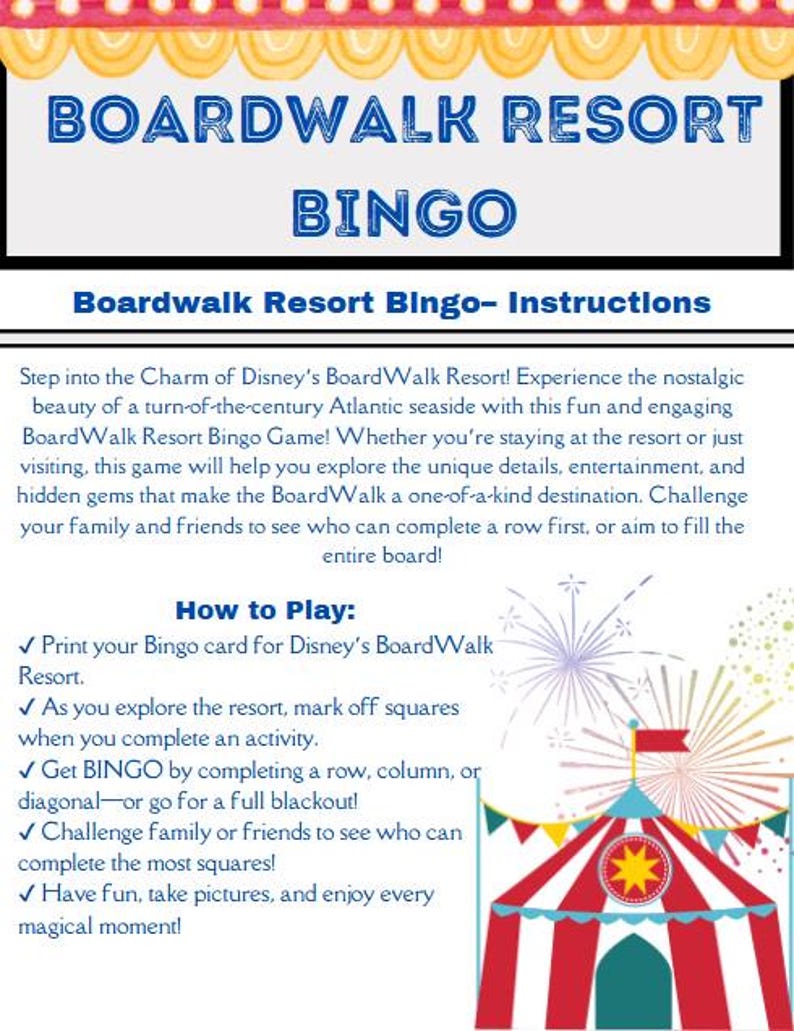 Boardwalk Disney Resort Bingo, Printable Vacation Game for Kids ...