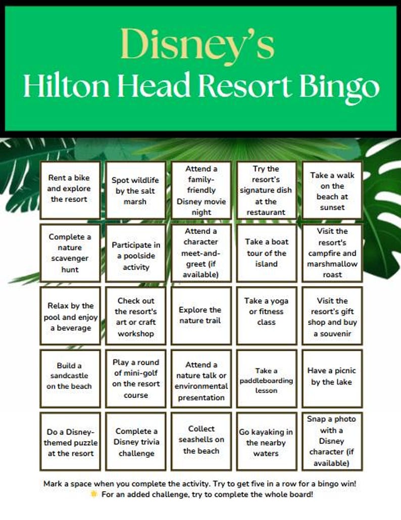 Hilton Head Resort Bingo Game – Family Vacation Scavenger Hunt ...