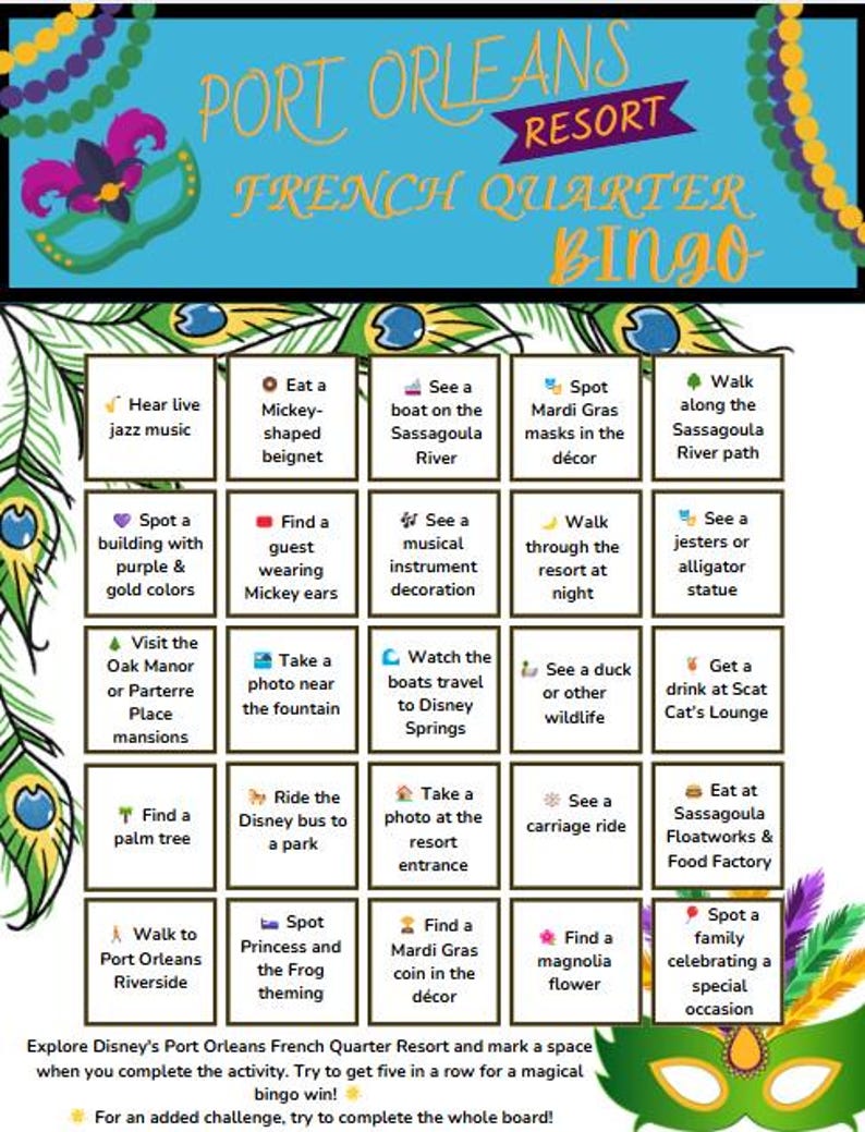 Printable Port Orleans French Quarter Resort Bingo Game, Vacation ...