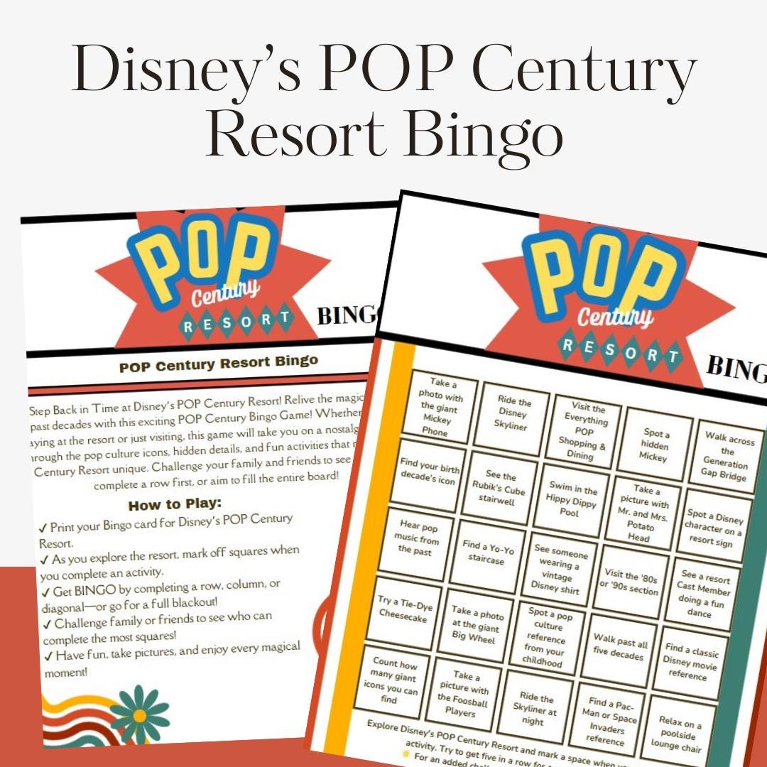 POP Century Resort Bingo | Fun Walt Disney Resort Printable Game for ...