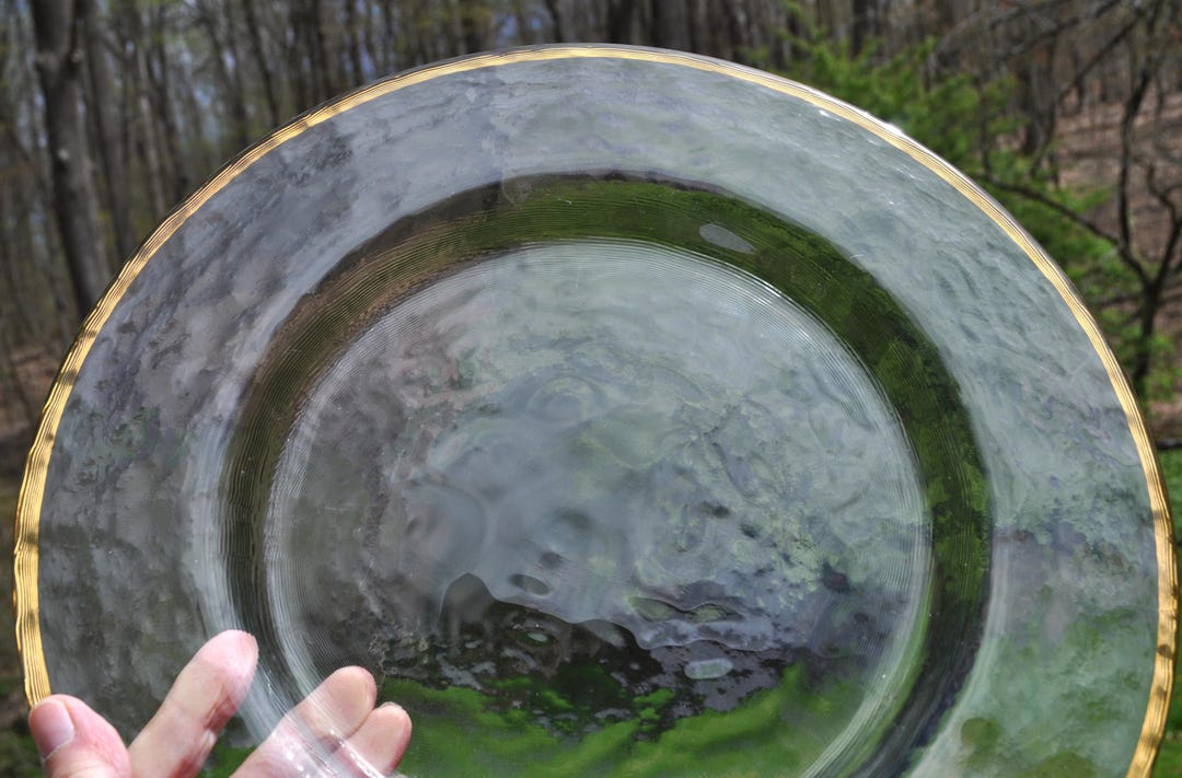 Large Galaxie Gold Rimmed Glass Platter or Charger in Mottled Clear 13. ...