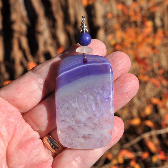 Stone Necklace Geode Onyx Agate Pendant Striped Purple Rock Genuine Sea Glass Accent Purple Agate Gemstone Sterling Chain Included B240 Etsy Canada