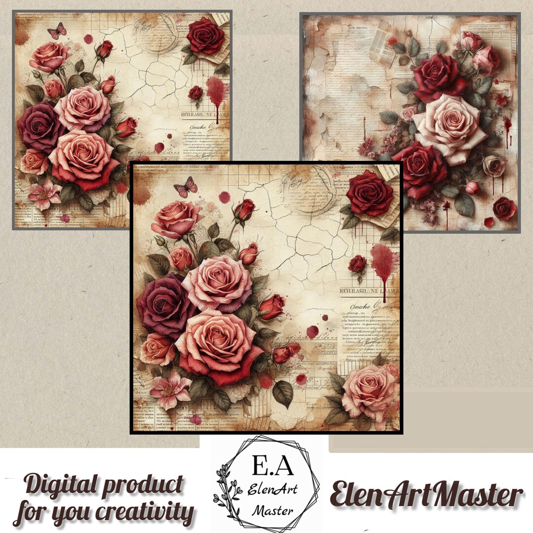 Red Roses. Old Paper. Album Page. 50 Images. for Scrapbooking, Cards ...