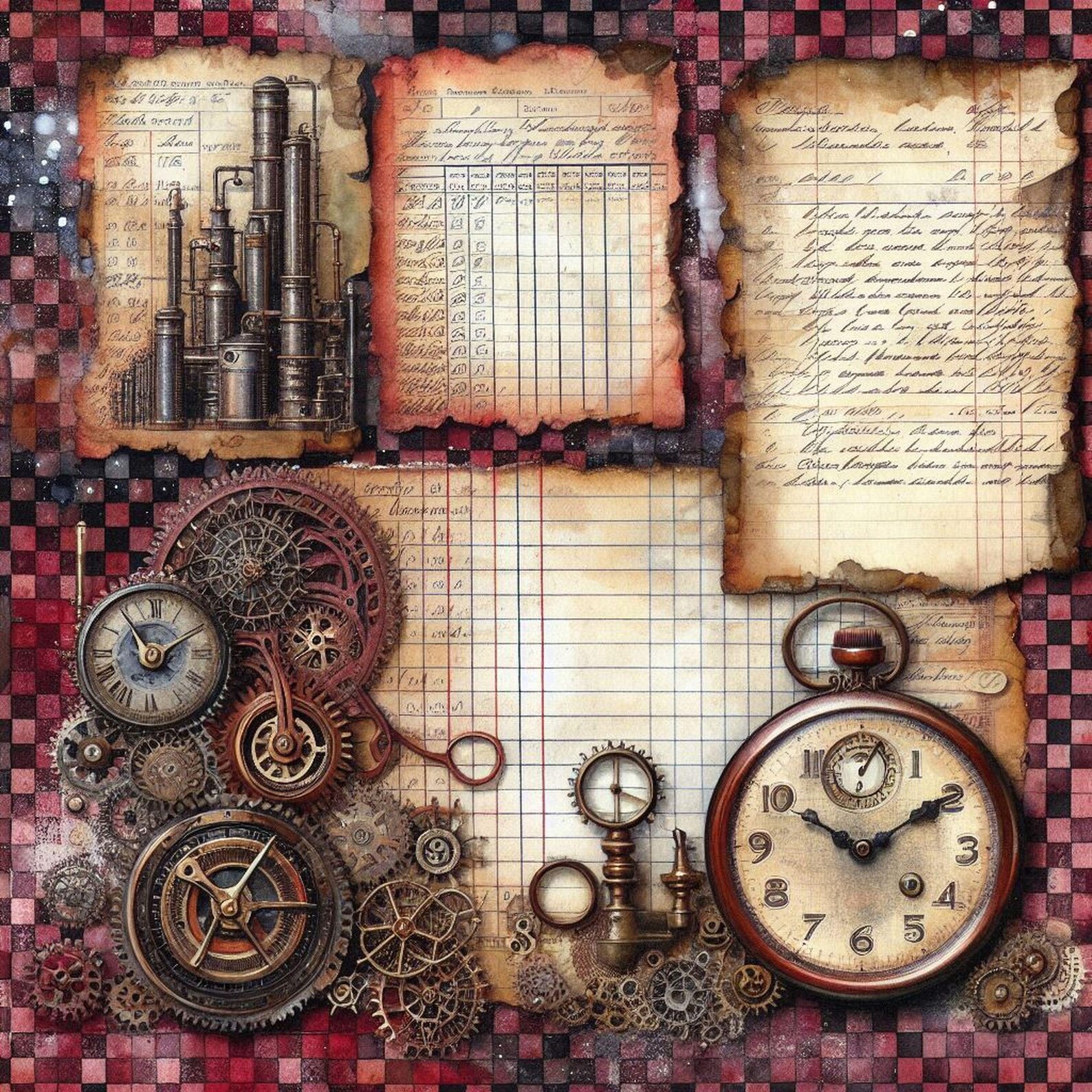Steampunk Paper 1. Red + Green. Square. 35 Images. for Scrapbooking ...