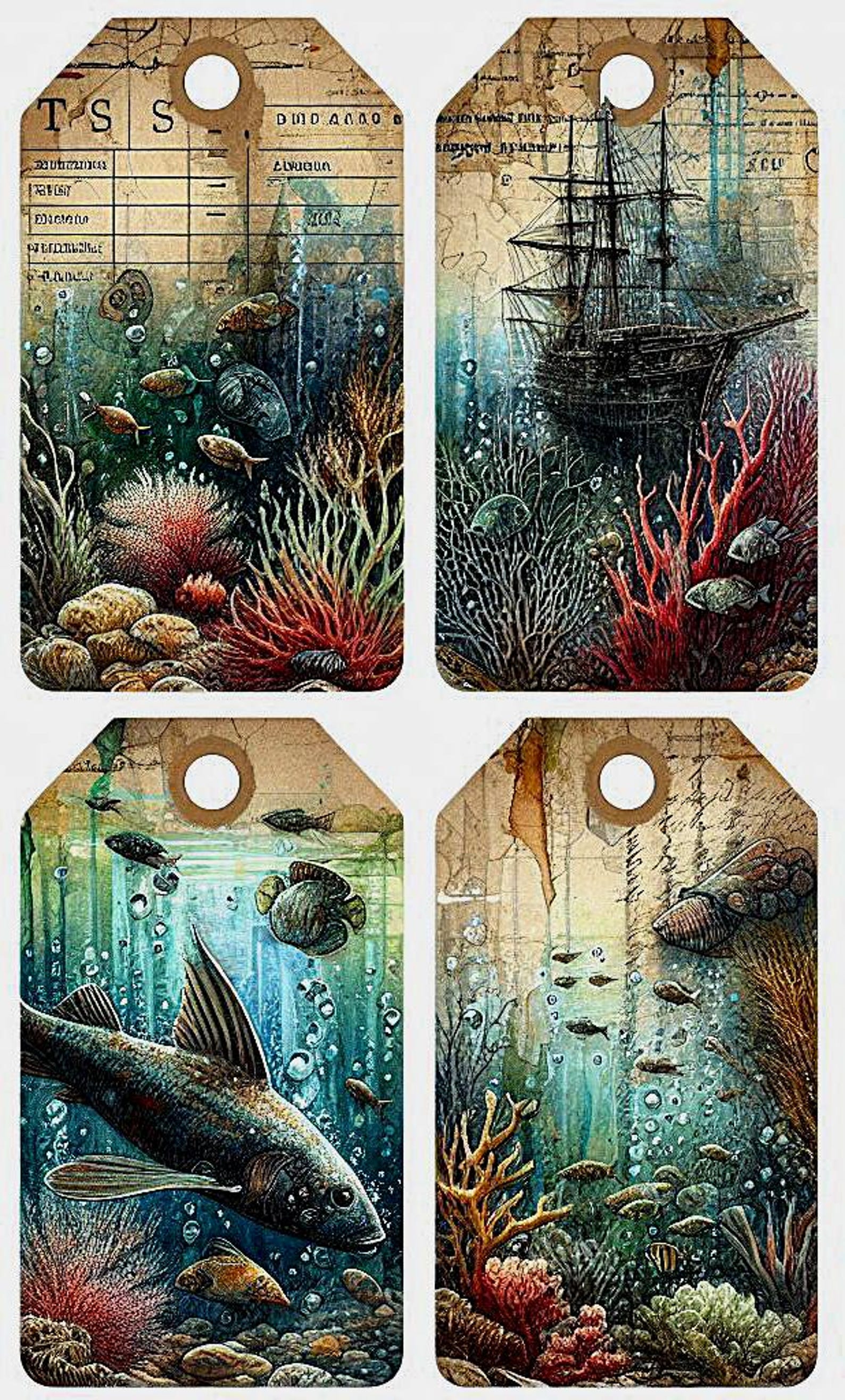 Sea Creatures, Tags and Bookmarks. Old Paper. 28 Sheets. for ...