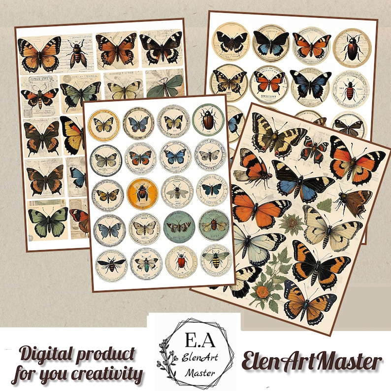 Vlinders en kevers in vintage stijl. 30 vellen. Toevoegingen voor ...