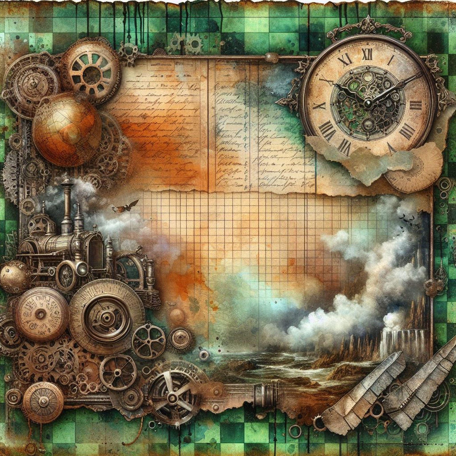 Steampunk Paper 1. Red + Green. Square. 35 Images. for Scrapbooking ...