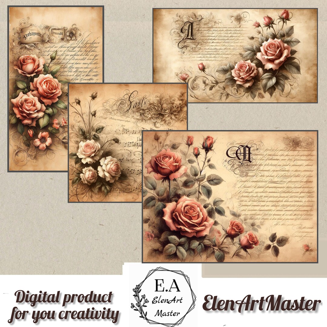 Old Manuscript With Roses. Large Set. 54 Images. for Scrapbooking ...