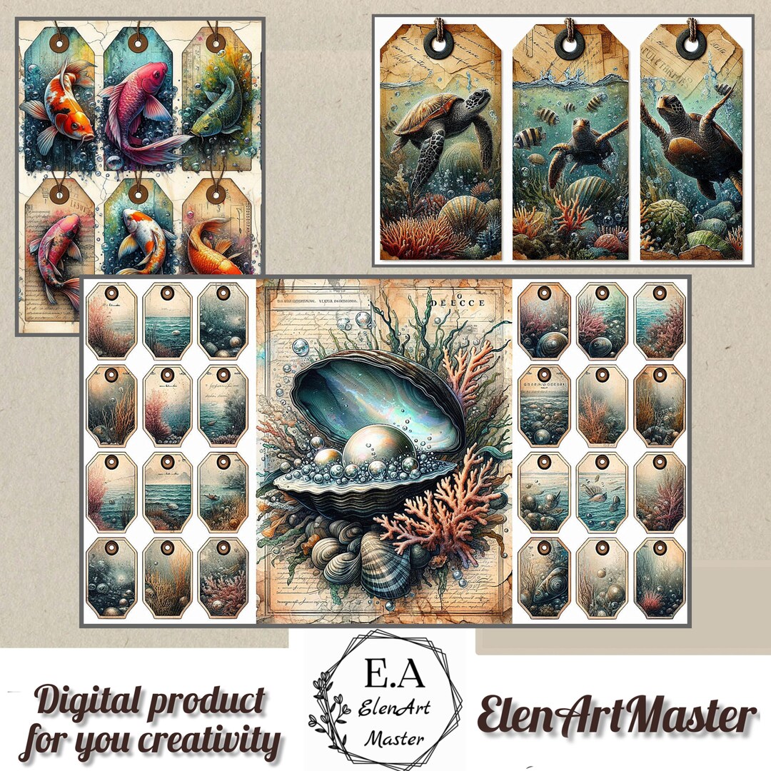 Sea Creatures, Tags and Bookmarks. Old Paper. 28 Sheets. for ...