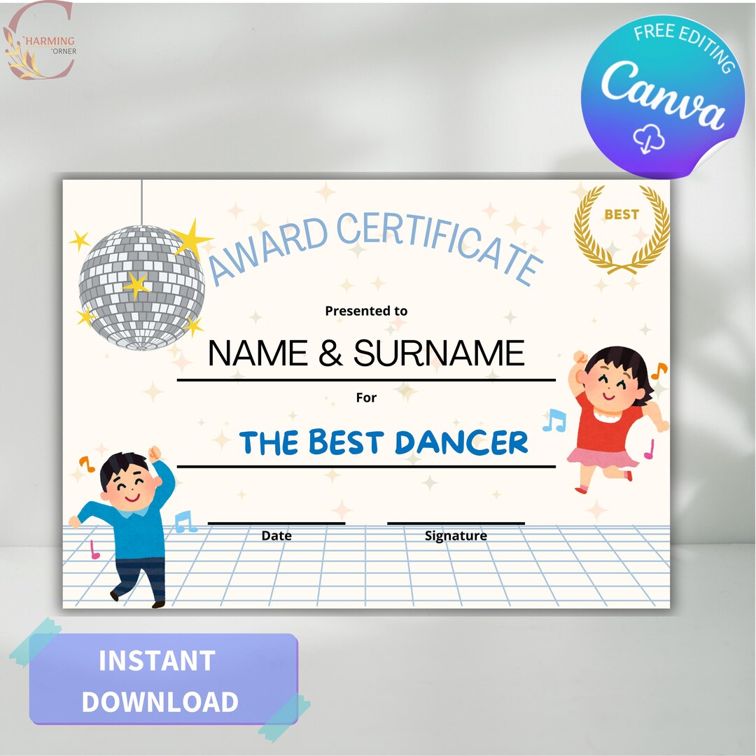 Custom Best Dancer Award Certificates for Kids' Parties Fun Recognition ...