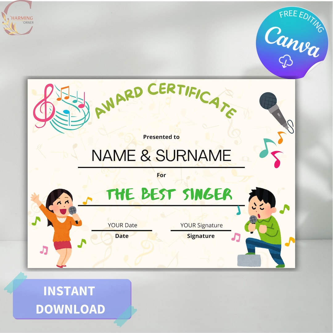 Custom Best Singer Award Certificates for Kids Parties Celebrate Little ...