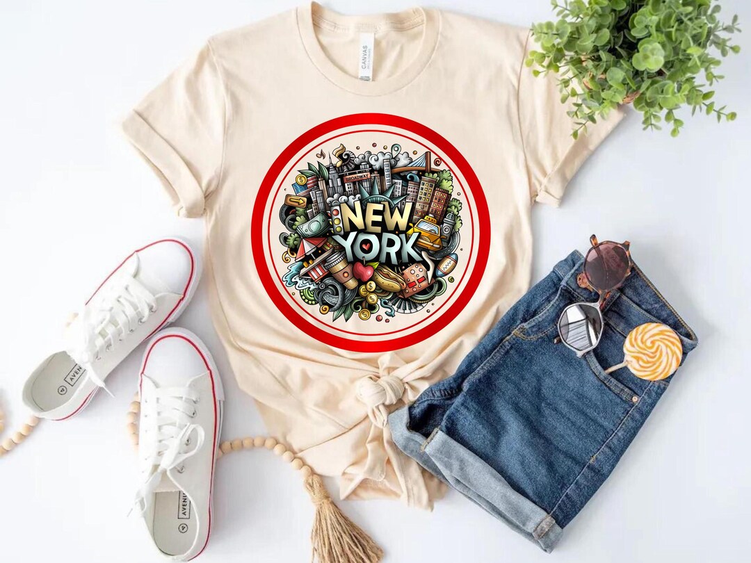 New York Culture Graphic Shirt, NYC Icons Tee With Skyscrapers, Taxi ...