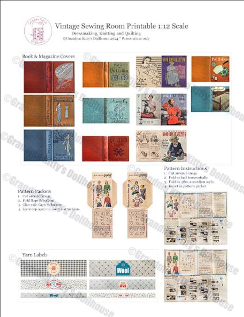 50 Piece Miniature Vintage Sewing Room Accessories Printable 1:12 Scale ...