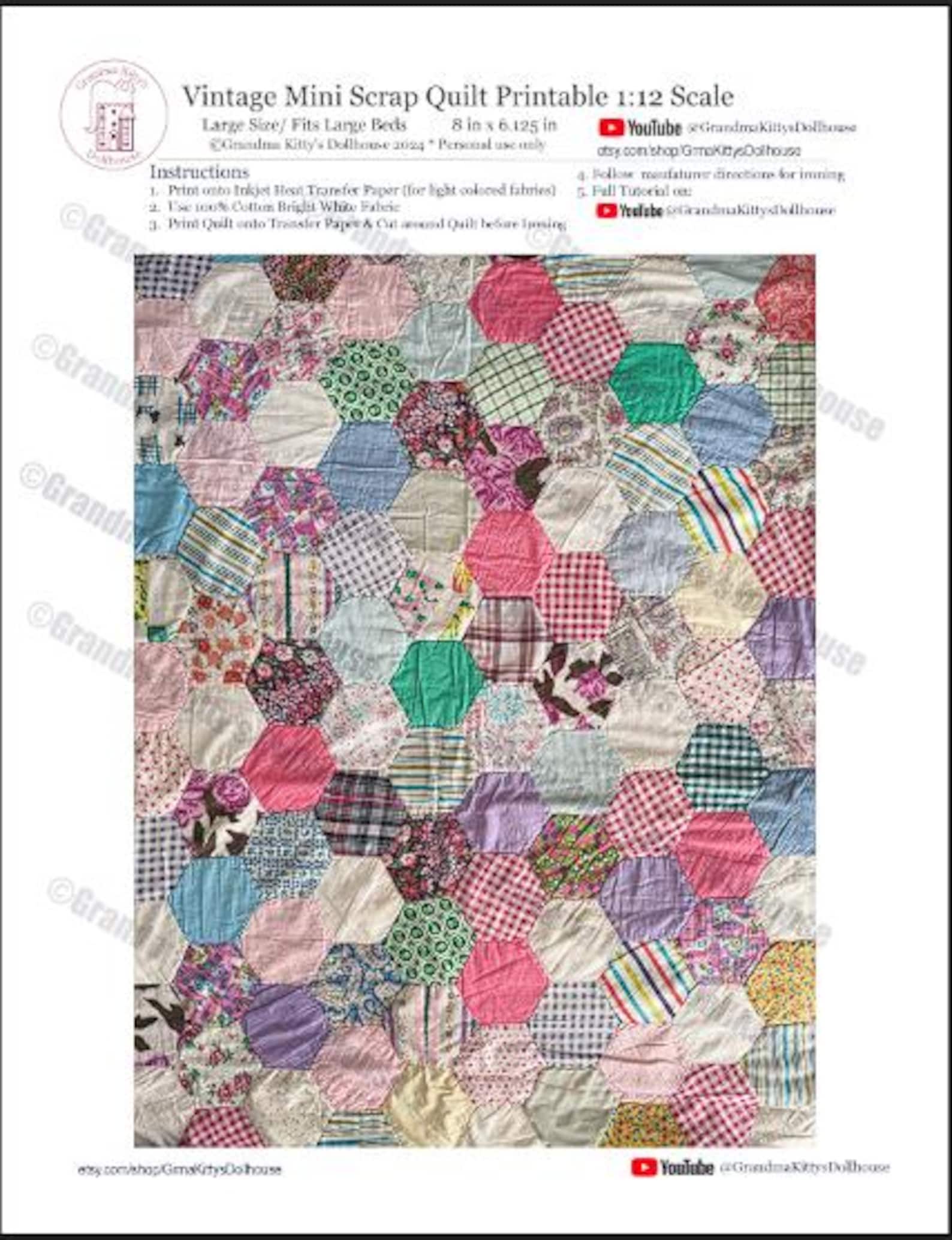 Miniature Dollhouse Quilt Hexagon Pattern Large Bed Printable 1:12 ...