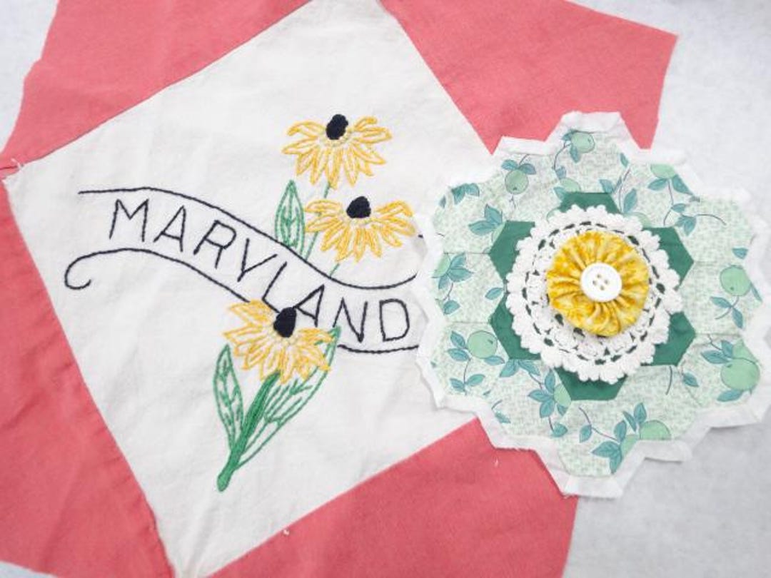 Vintage Maryland State Flower Embroidered Fabric Cutter Quilt Top ...