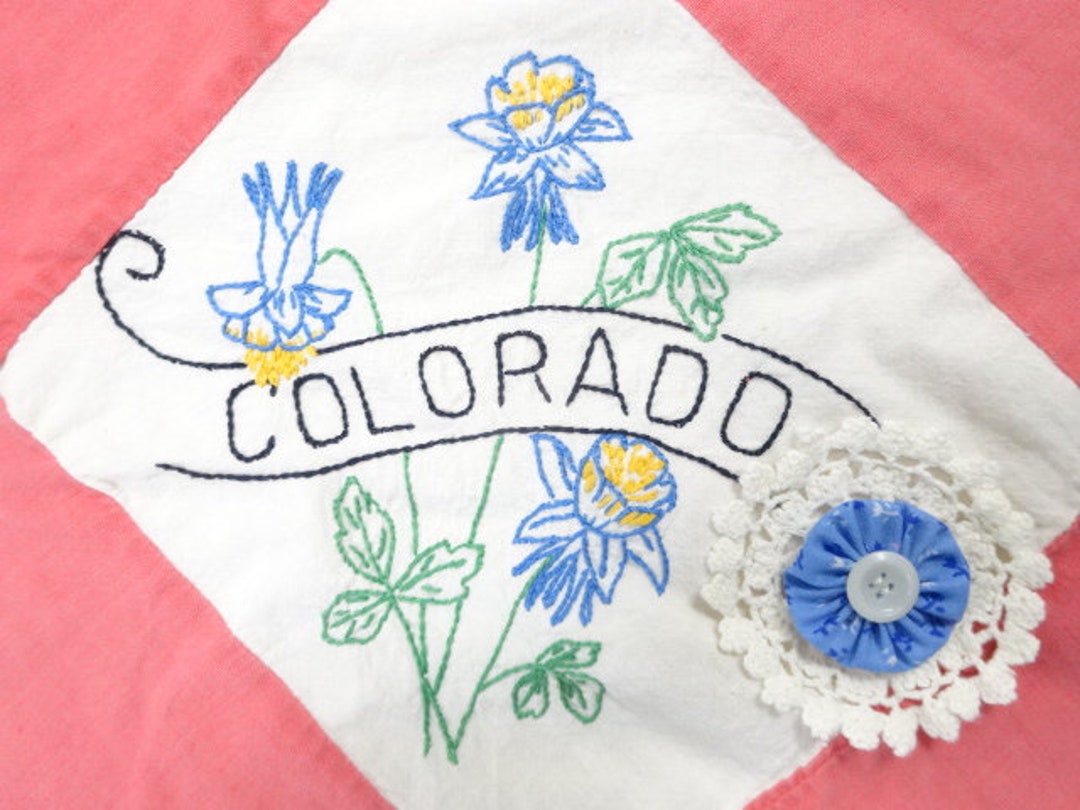 Vintage Colorado State Flower Embroidered Fabric Cutter Quilt Top ...