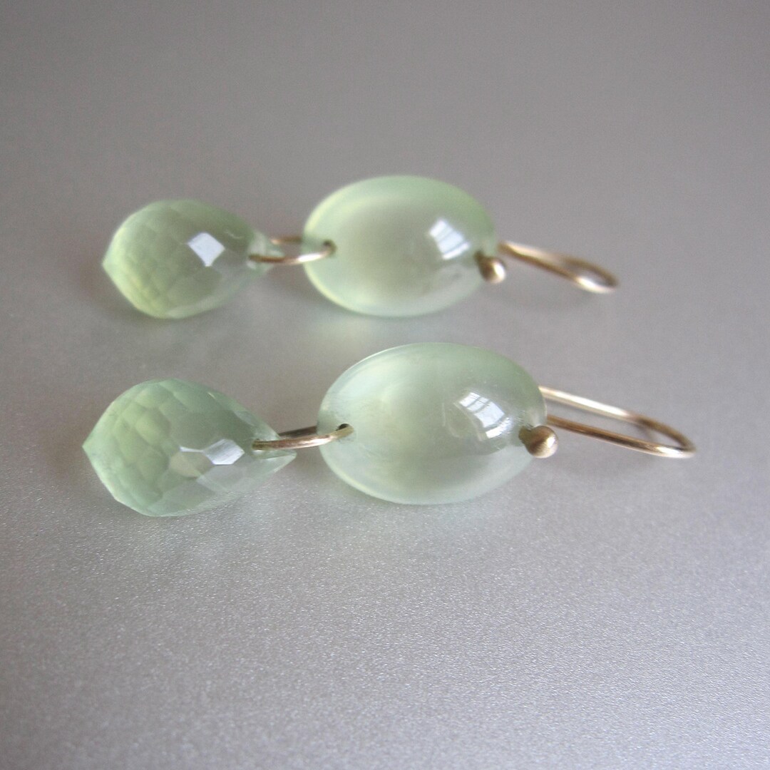 Prehnite Double Drops, Light Green Earrings, Solid 14k Gold Earrings - Etsy