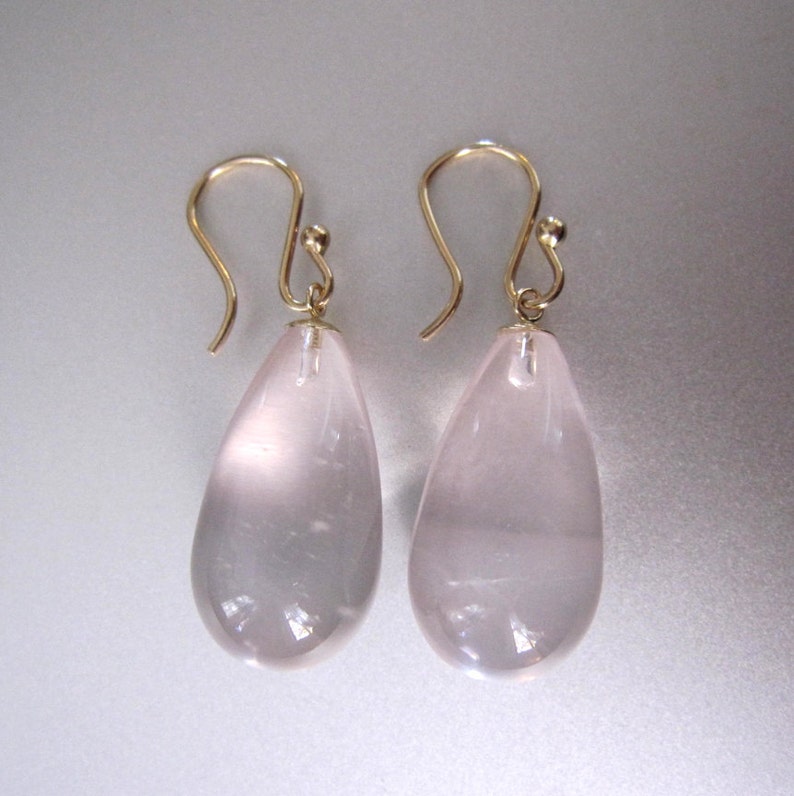 Smooth Rose Quartz Long Drops Solid 14k Gold Earrings | Etsy