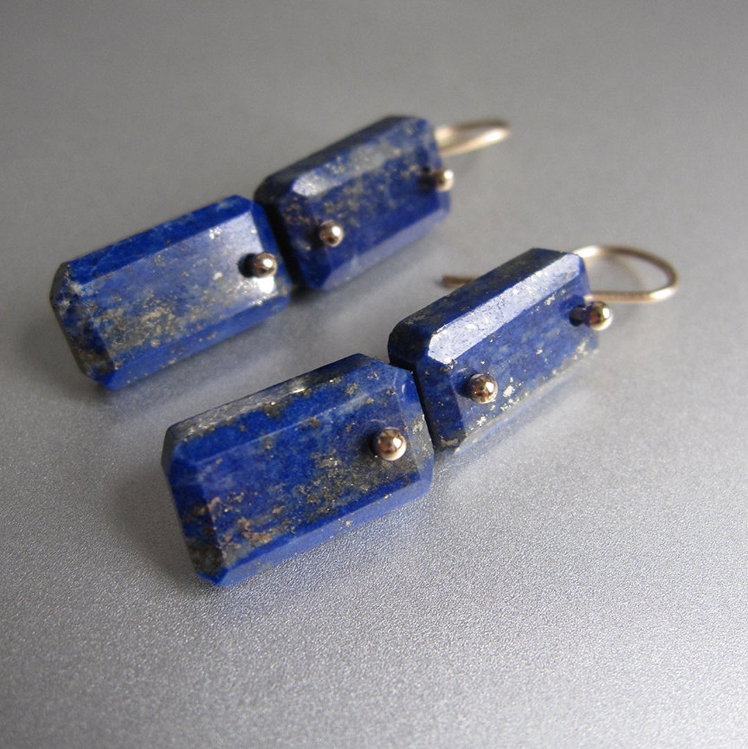 Lapis Lazuli Tablets, Double Drops, Solid 14k Gold Earrings - Etsy