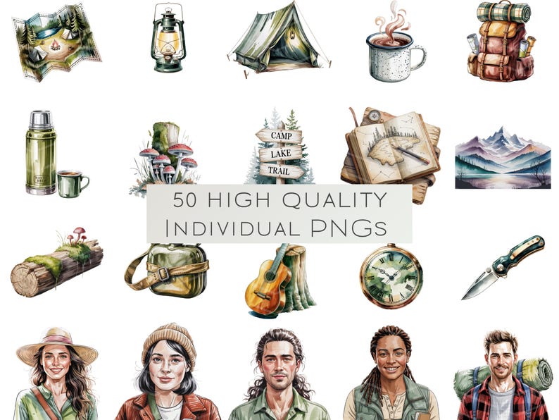 Watercolor Camping Clipart Collection | Cozy Journal PNG | Mountaineers ...