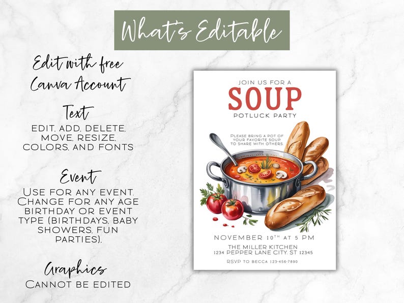 Editable Potluck Invitation Template | Potluck Dinner | Soup Cook off ...