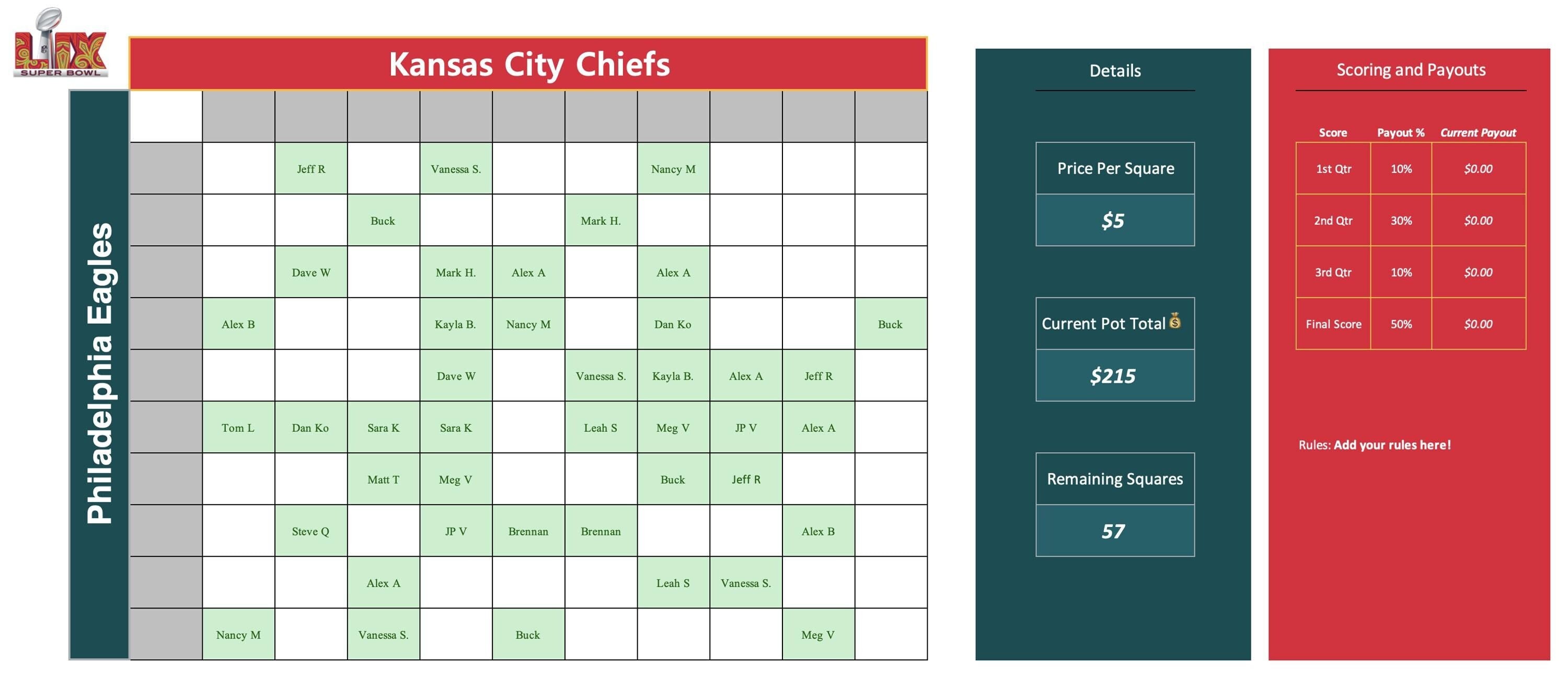 Big Game Squares Excel Template - 100 Squares for the Superbowl ...