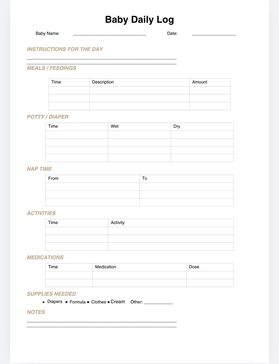 Baby Daily Log Printable | Daycare Baby Sheet | Feeding, Diaper & Nap ...